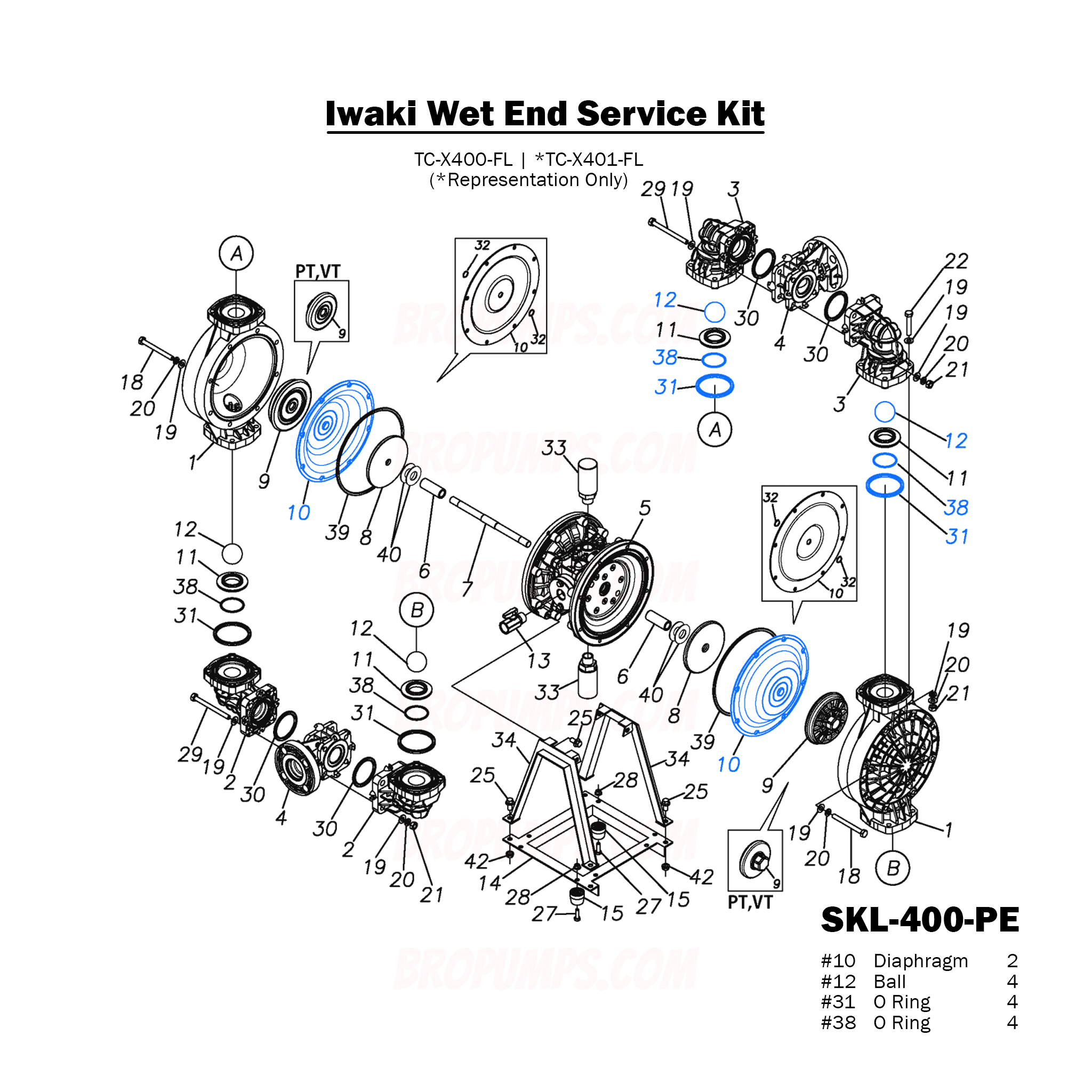 Iwaki GFPP TC-X400 TC-X401 Nordel Diaphragm Service Kit SKL-400-PE ...